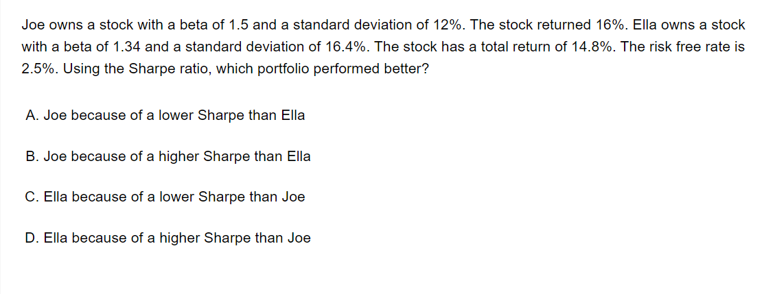 Solved Joe owns a stock with a beta of 1.5 and a standard | Chegg.com