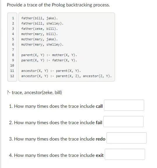Solved Provide a trace of the Prolog backtracking process. 1 | Chegg.com