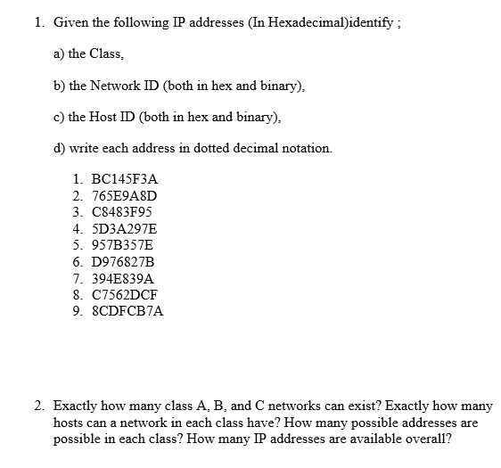 Solved 1. Given the following IP addresses (In | Chegg.com