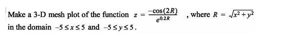 Solved Make a 3-D mesh plot of the function z--cos (2R) in | Chegg.com