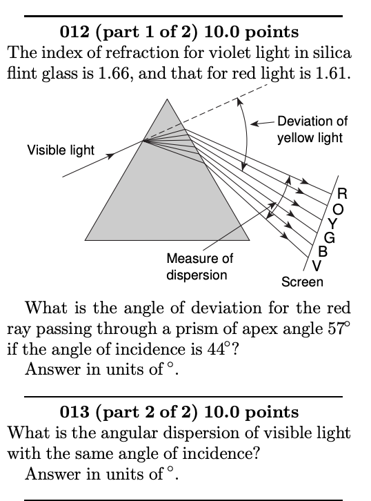 Solved 012 (part 1 of 2) 10.0 points The index of refraction | Chegg.com