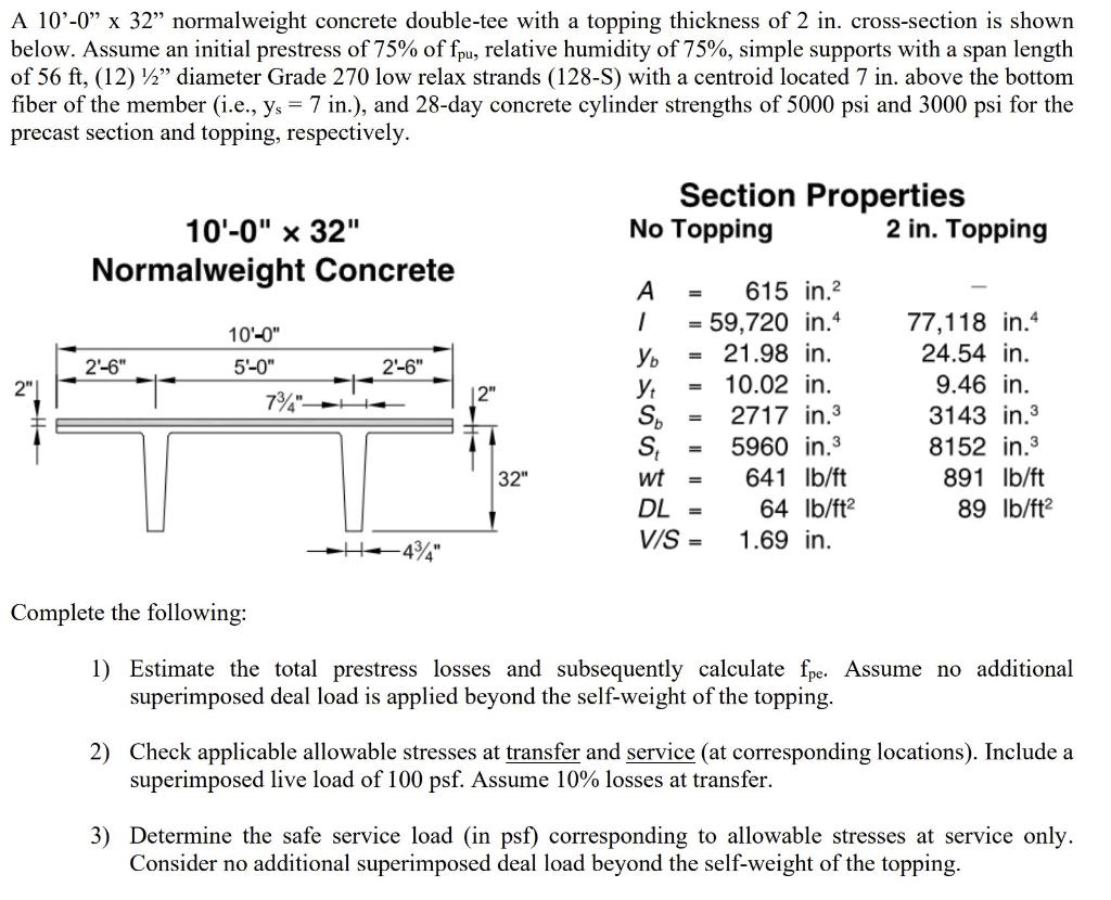 A 10’-0” x 32” normalweight concrete double-tee with | Chegg.com