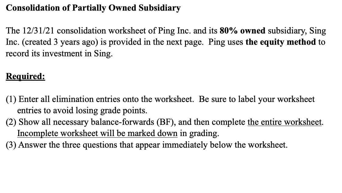 Consolidation of Partially Owned Subsidiary The | Chegg.com