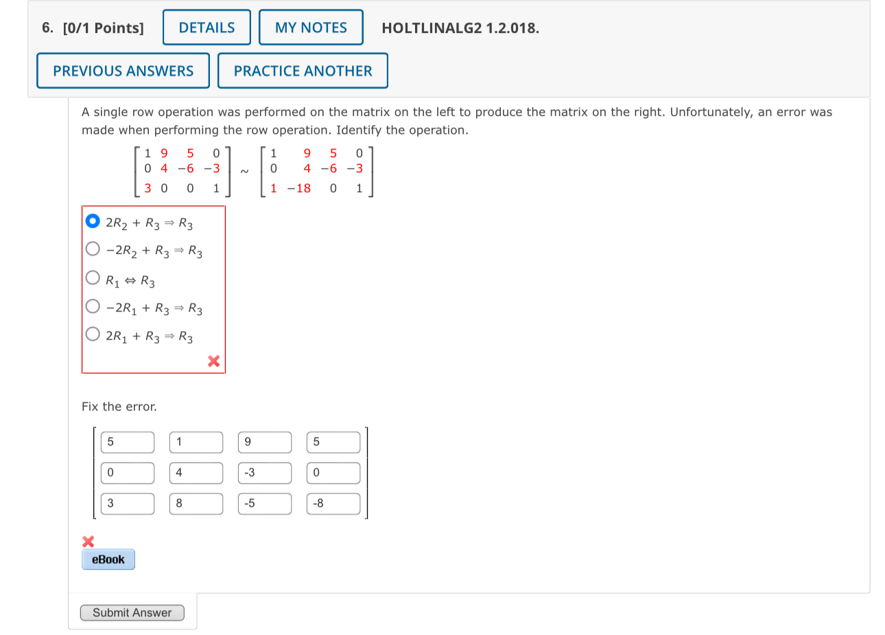 Solved |1|A single row operation was performed on the matrix | Chegg.com
