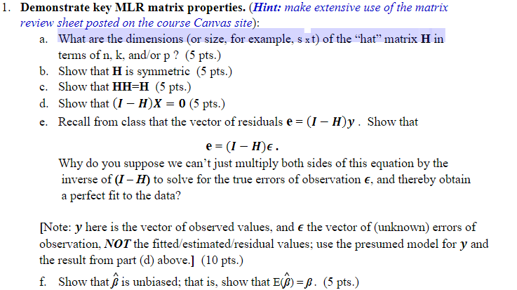 Solved 1. Demonstrate key MLR matrix properties. (Hint: make | Chegg.com
