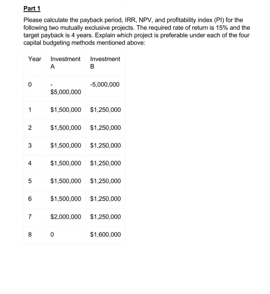 Solved Part 1 Please calculate the payback period, IRR, NPV, | Chegg.com