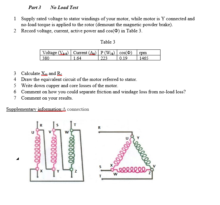 Solved Part 3 No Load Test 1 Supply rated voltage to stator | Chegg.com