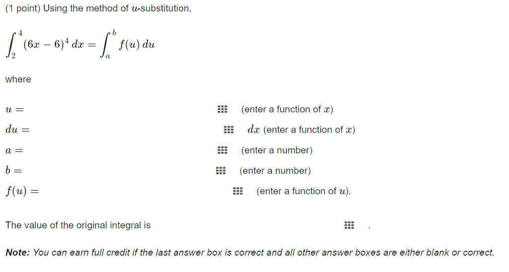 Solved 1 point) Using the method of u-substitution (6x-6)4 | Chegg.com