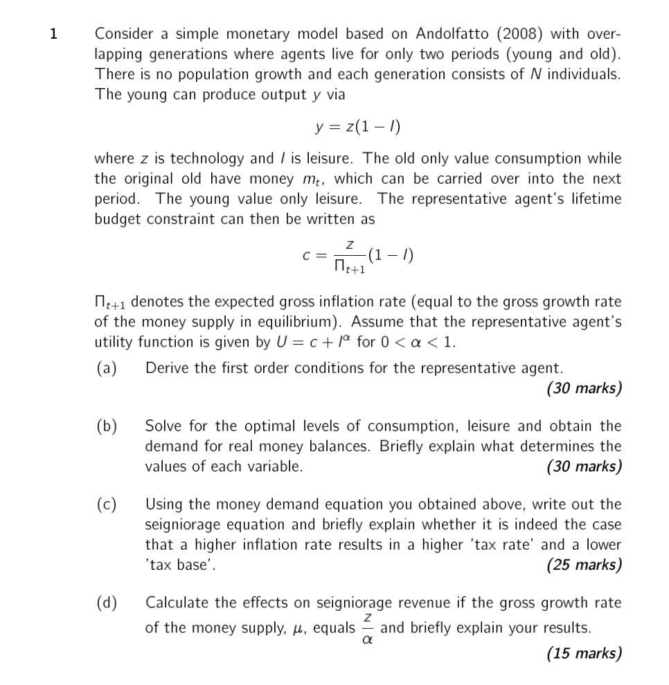 Solved 1 Consider a simple monetary model based on | Chegg.com