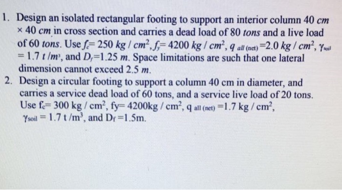 Solved 1. Design an isolated rectangular footing to support | Chegg.com