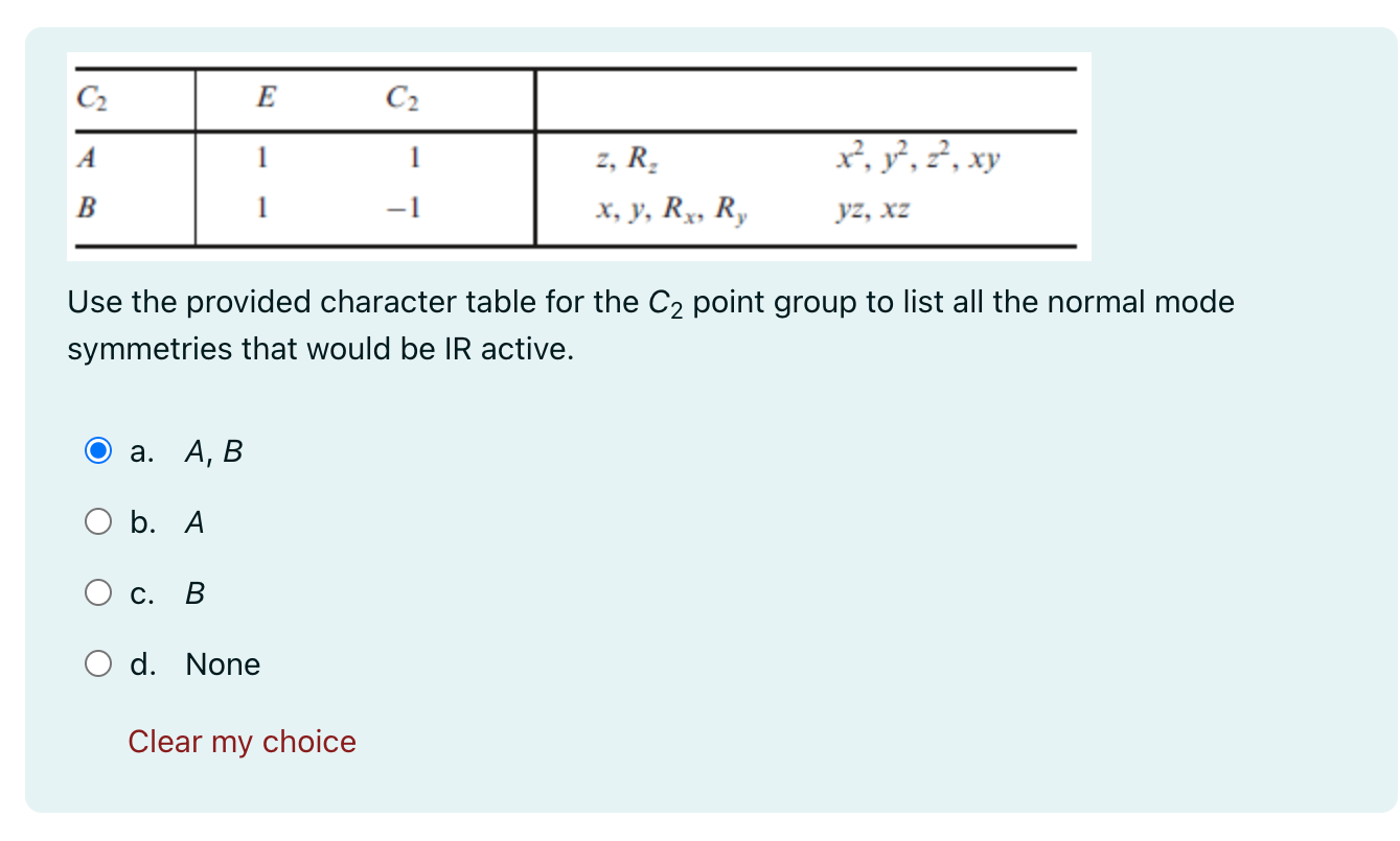 Solved Use the provided character table for the C2 point | Chegg.com