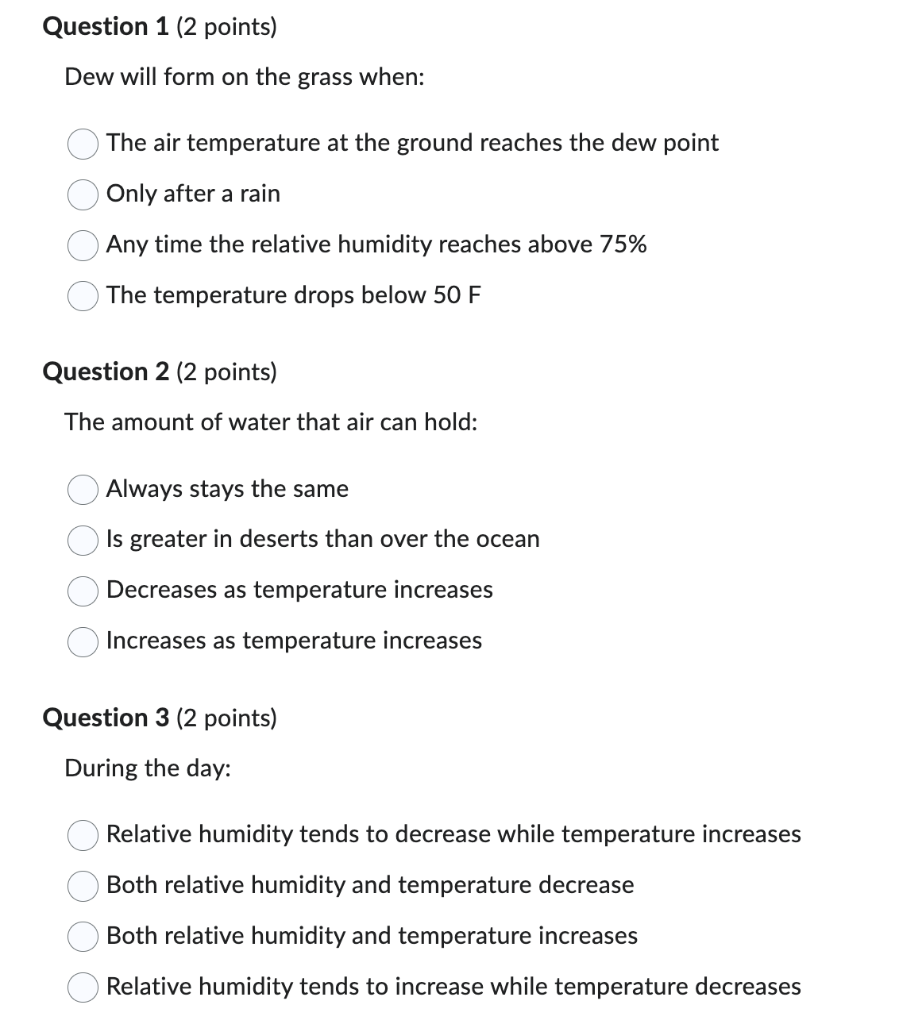 Solved Dew will form on the grass when: The air temperature | Chegg.com