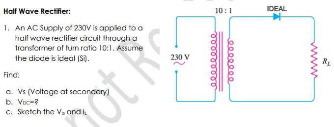 Solved 10:1 IDEAL Half Wave Rectifier: 1. An AC Supply of | Chegg.com