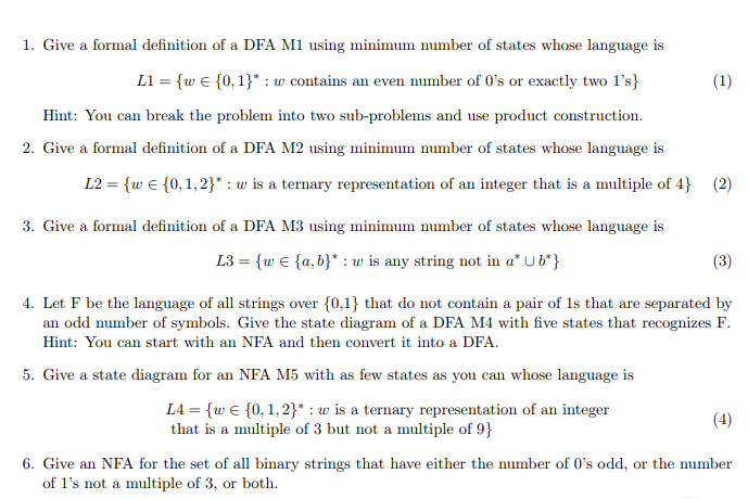 Solved 1. Give a formal definition of a DFA M1 using minimum | Chegg.com