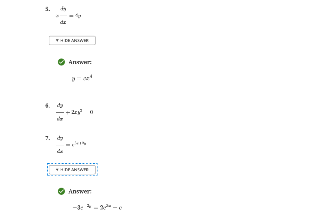 Solved Xdxdy 4y Answer Y Cx4 Dxdy 2xy2 0 Dxdy E3x 2y