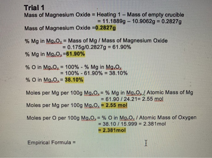 Solved Trial 1 Mass of Magnesium Oxide Heating 1 -Mass of | Chegg.com