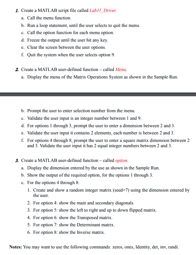 1. Create a MATLAB script file called Labll_Driver. | Chegg.com