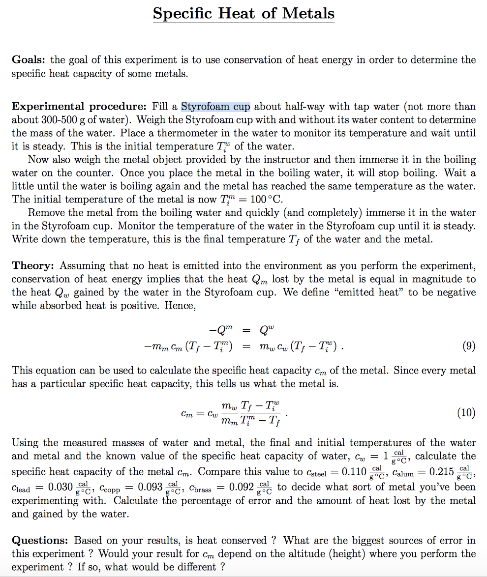 Solved Specific Heat of Metals Goals: the goal of this | Chegg.com