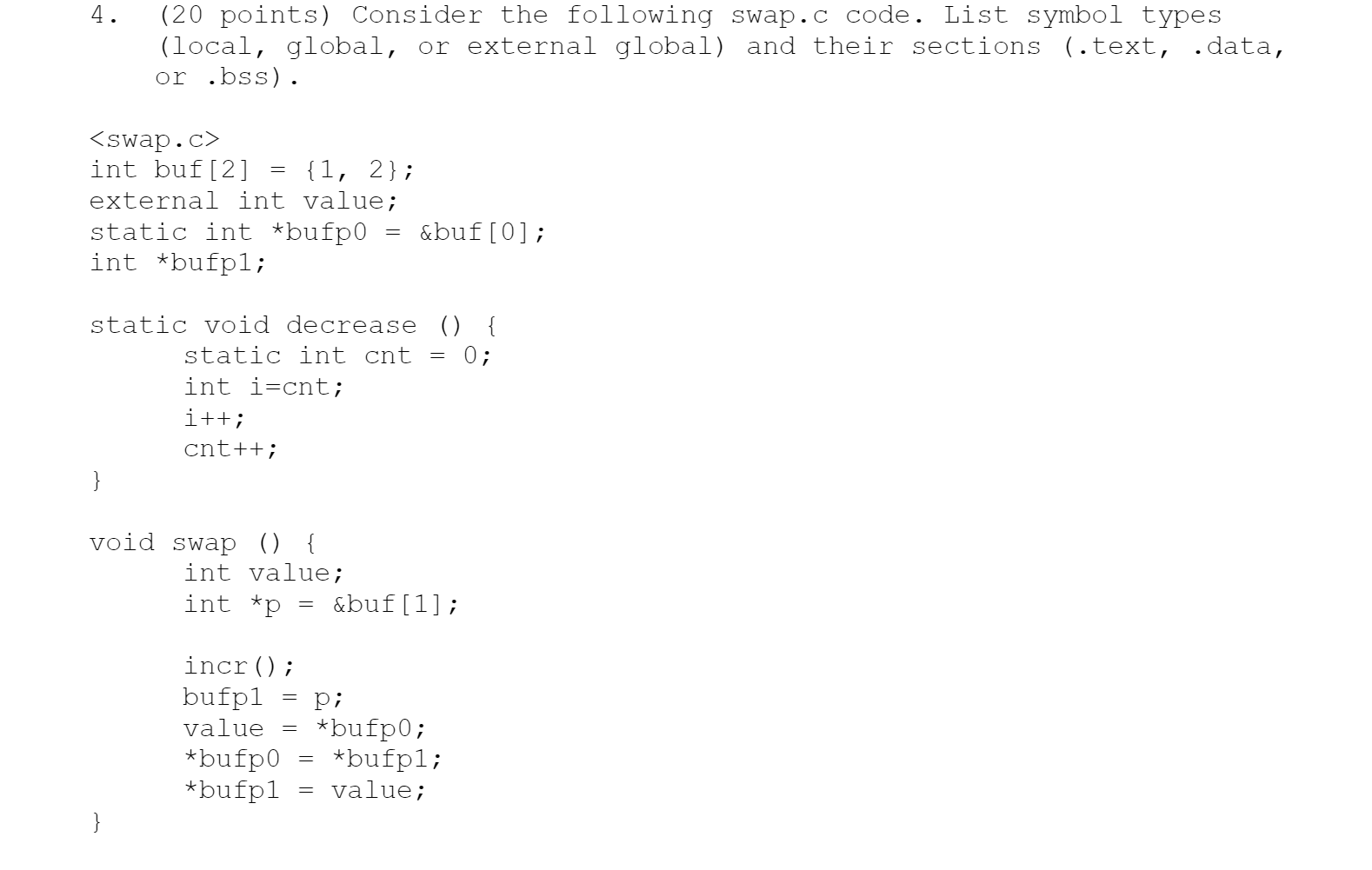 Solved 4. (20 points) Consider the following swap.c code. | Chegg.com