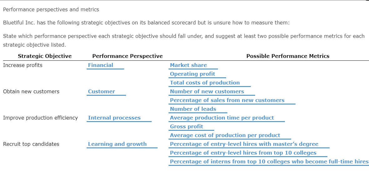 Solved Performance perspectives and metrics Bluetiful Inc. | Chegg.com