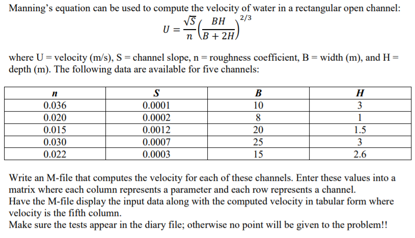 Solved Manning's equation can be used to compute the | Chegg.com