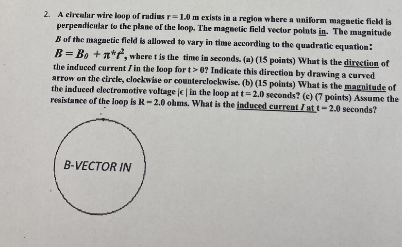 Solved 2. A circular wire loop of radius r=1.0 m exists in a | Chegg.com