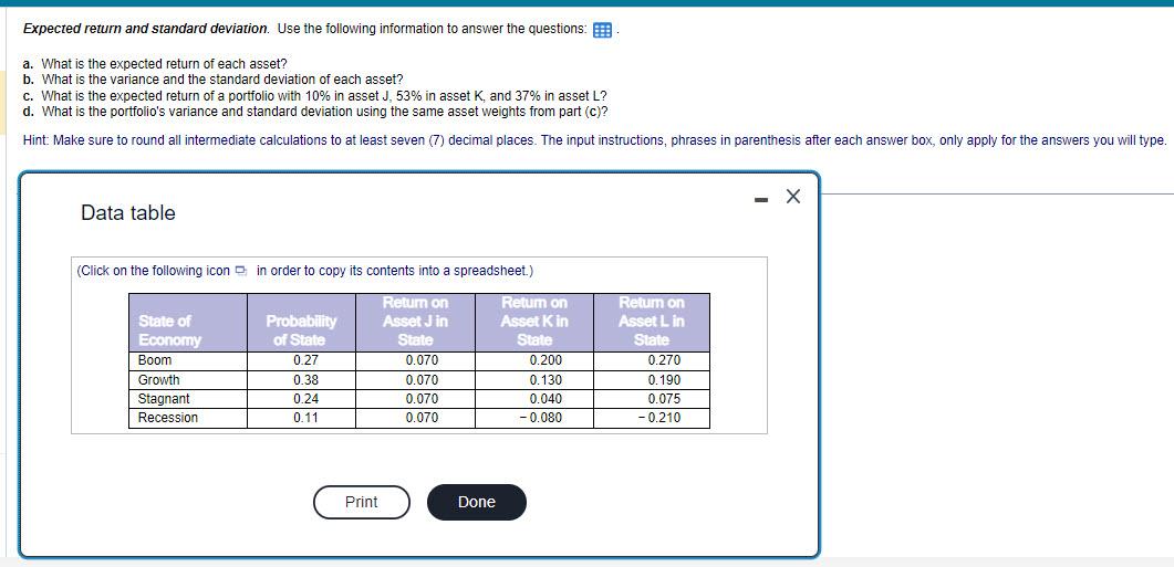 Solved Expected return and standard deviation. Use the | Chegg.com