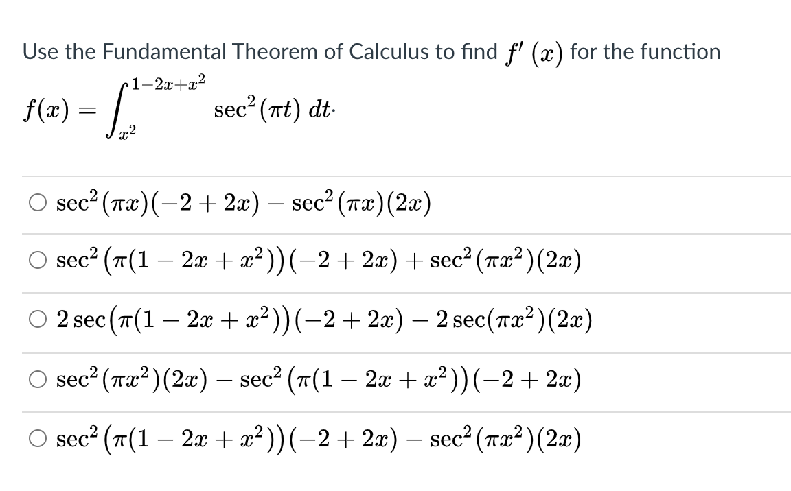 Solved Use the Fundamental Theorem of Calculus to find f' | Chegg.com