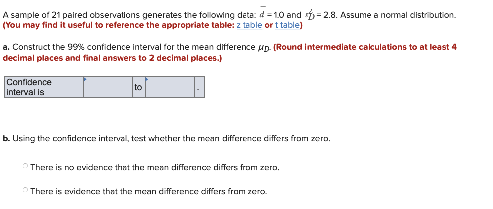 Solved A sample of 21 paired observations generates the | Chegg.com