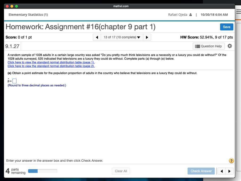 Solved mathxl.com Elementary Statistics (1) Rafael | Chegg.com