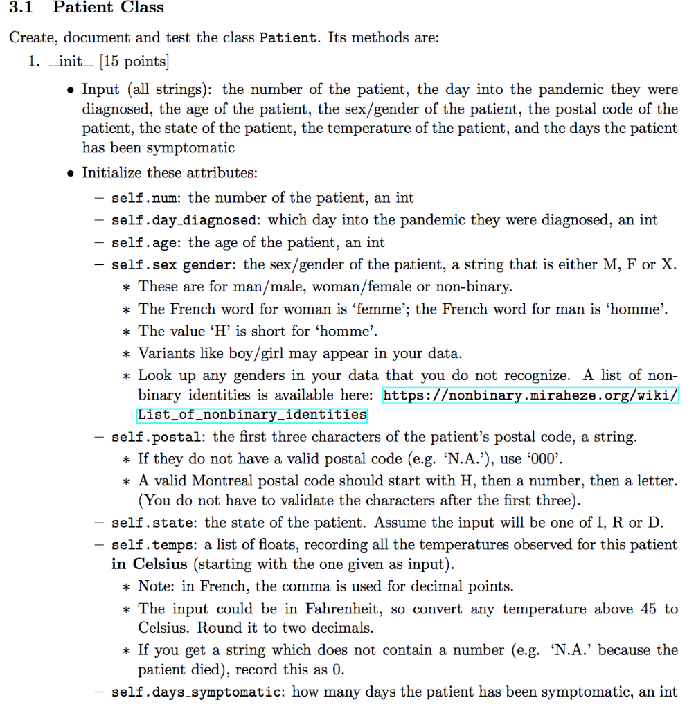 * 3.1 Patient Class Create, document and test the | Chegg.com