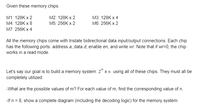 Given these memory chips: M1: 128K x 2 M2: 128K x 2 | Chegg.com