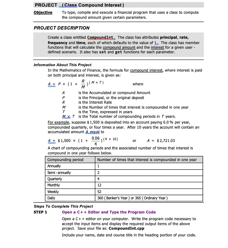 Solved PROJECT _(Class Compound Interest) Objective To type, | Chegg.com