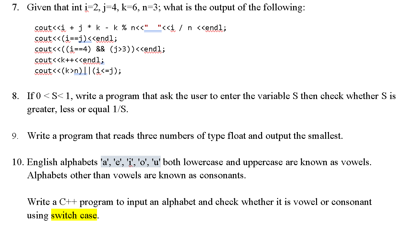 Solved 7. Given that int i=2, j=4, k=6, n=3; what is the | Chegg.com