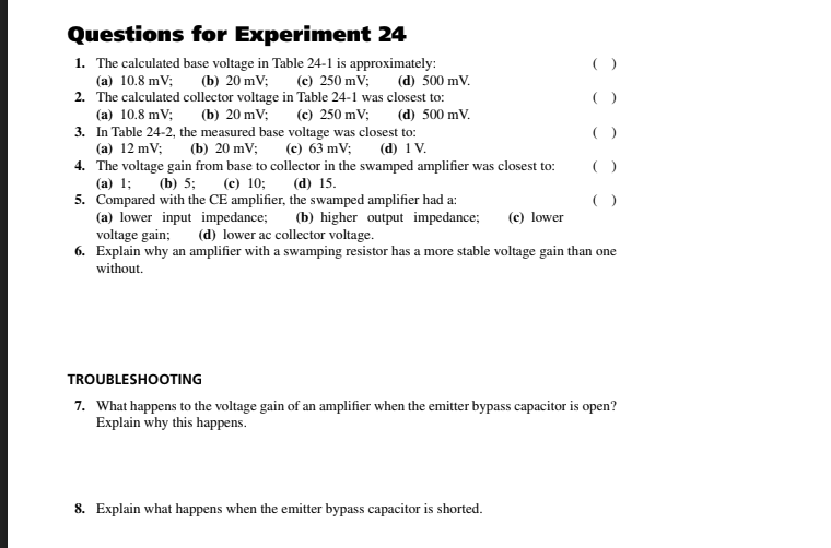 Questions for Experiment 24 1. The calculated base | Chegg.com