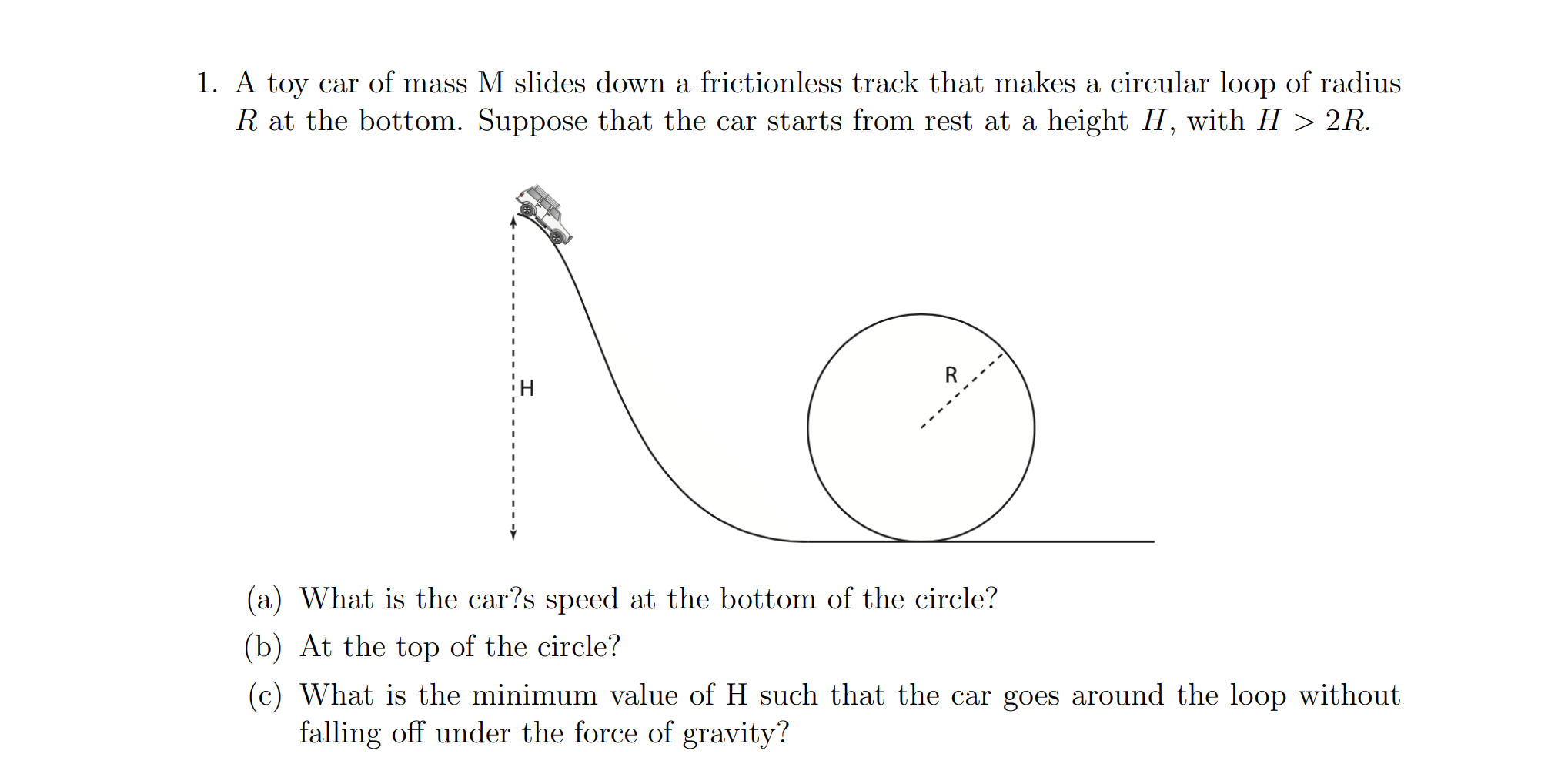 Solved 1. A toy car of mass M slides down a frictionless | Chegg.com