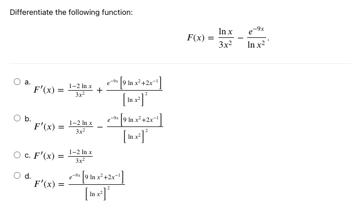 Solved Differentiate the following function: | Chegg.com