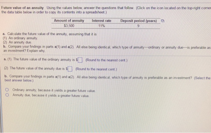 Solved Future value of an annuity Using the values below, | Chegg.com
