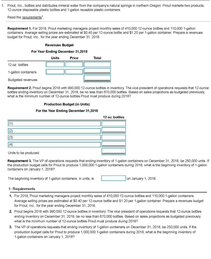 1. Prout, Inc., bottles and distributes mineral water | Chegg.com