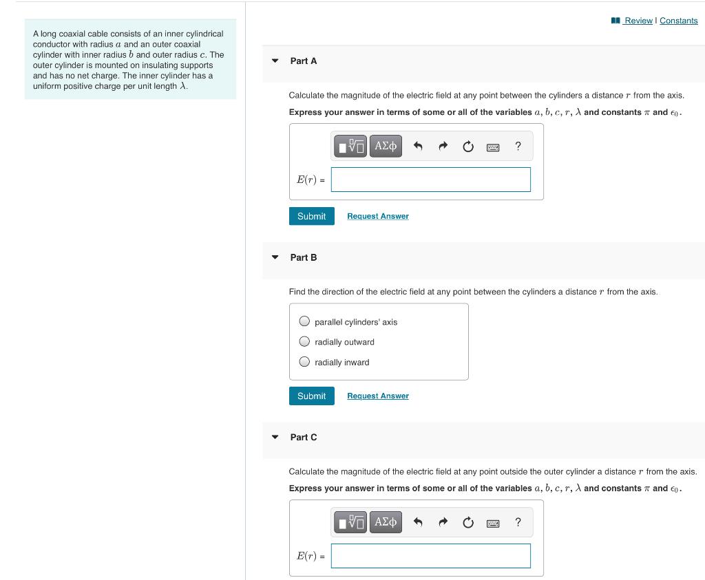 Solved A Review Constants A long coaxial cable consists of | Chegg.com