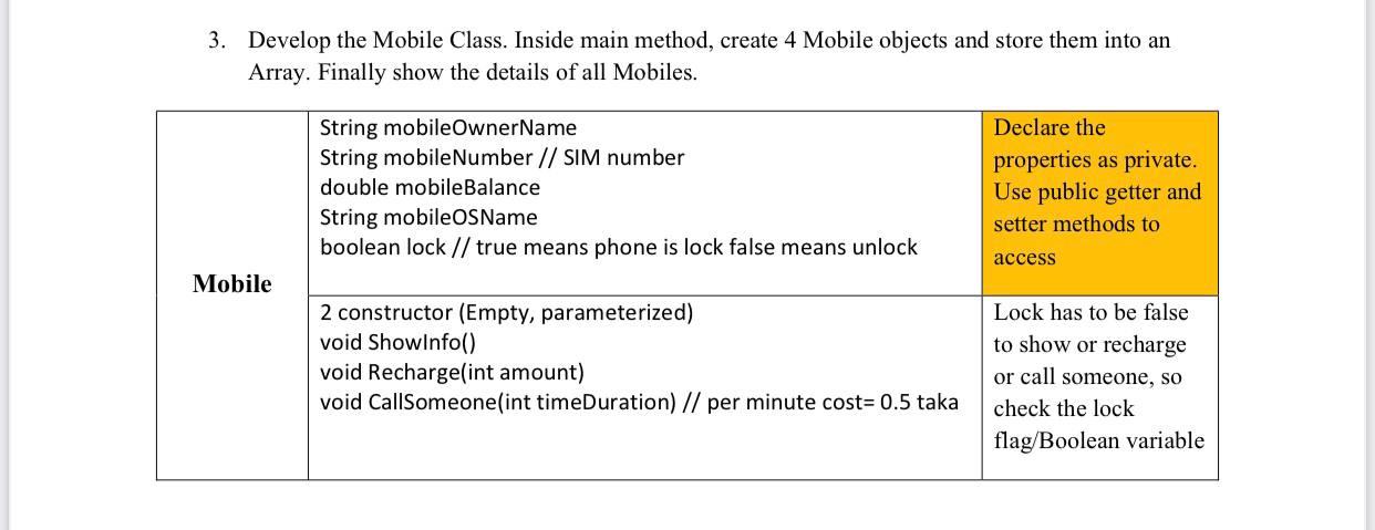 Solved 3. Develop the Mobile Class. Inside main method, | Chegg.com