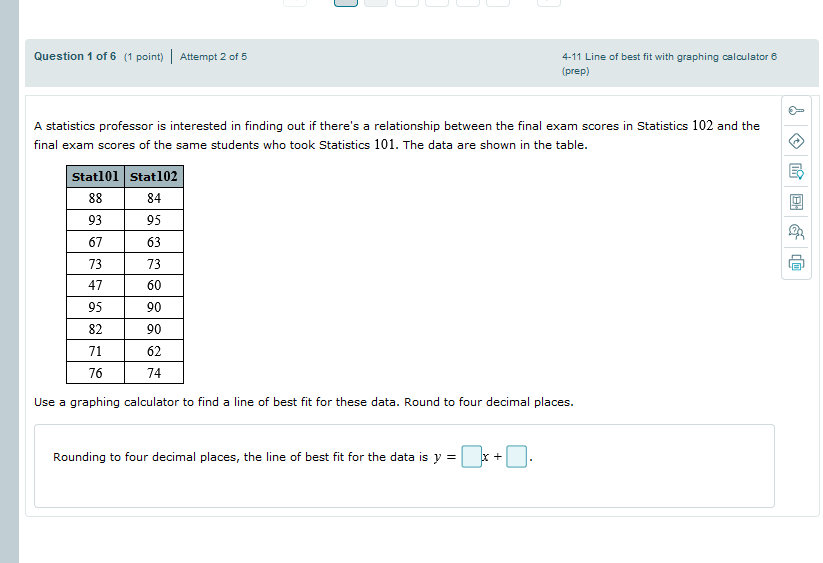 Solved Question 1 of 6 (1 point) 4-11 Line of best fit with | Chegg.com