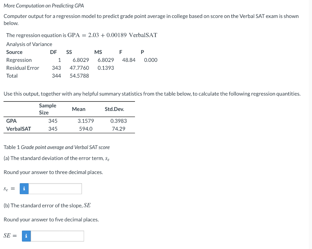 Solved More Computation on Predicting GPA Computer output | Chegg.com