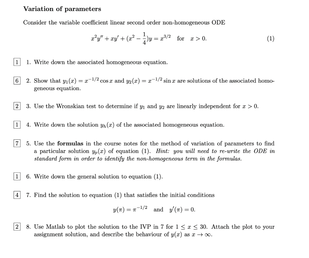 Solved Variation of parameters Consider the variable | Chegg.com