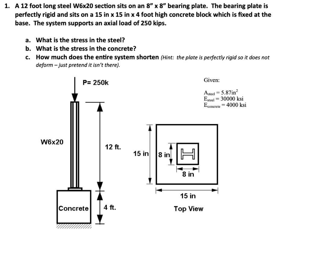 Solved 1. A 12 foot long steel W6x20 section sits on an 8" x | Chegg.com