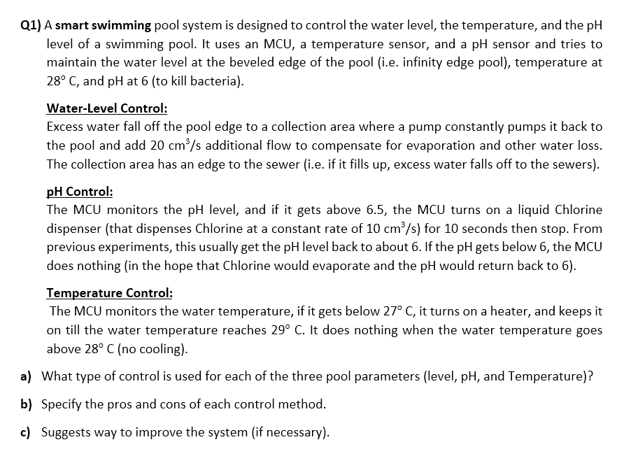 Solved Q1) A smart swimming pool system is designed to | Chegg.com