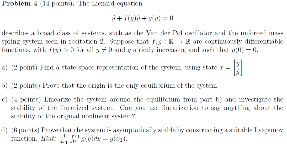 Solved Problem 4 (14 points). The Lienard equation | Chegg.com