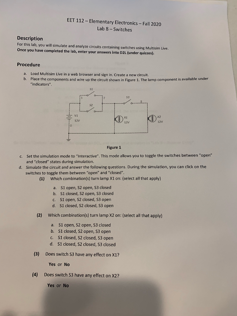 Solved EET 112 - Elementary Electronics - Fall 2020 Lab | Chegg.com