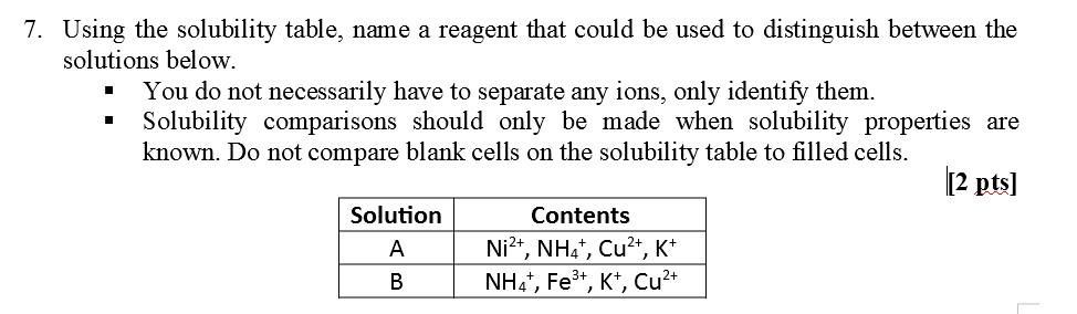 Solved 7. Using the solubility table, name a reagent that | Chegg.com