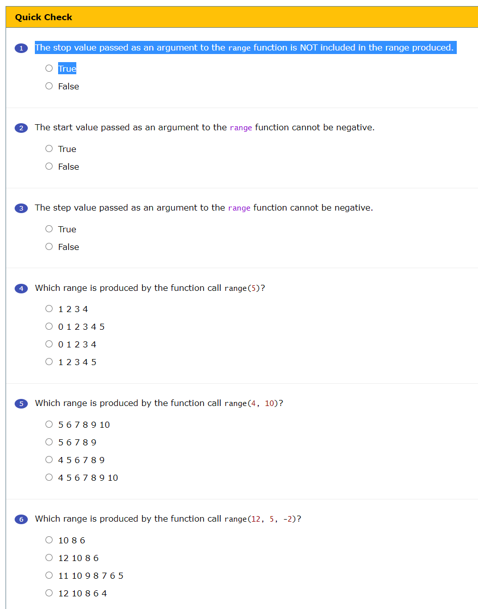 Solved Quick Check 1 The stop value passed as an argument to | Chegg.com